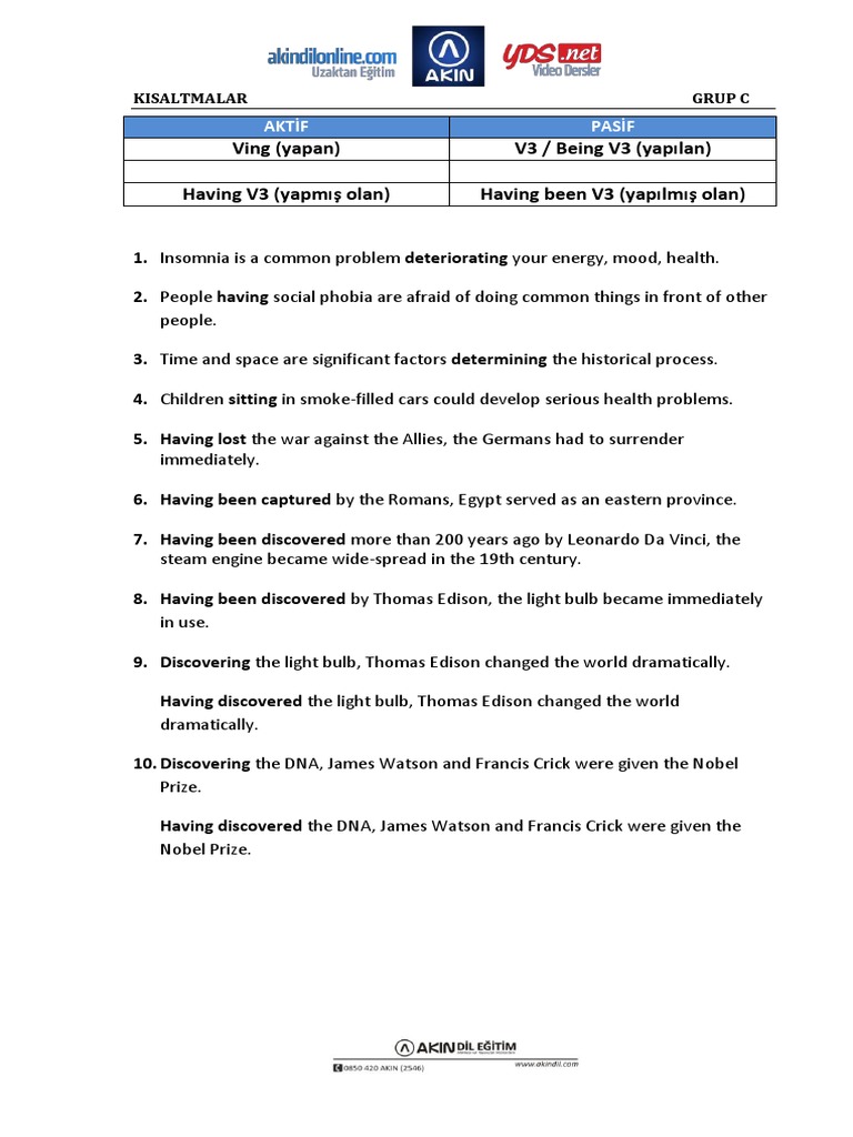 Ving (Yapan) V3 / Being V3 (Yapılan) Having V3 (Yapmış Olan) Having ...