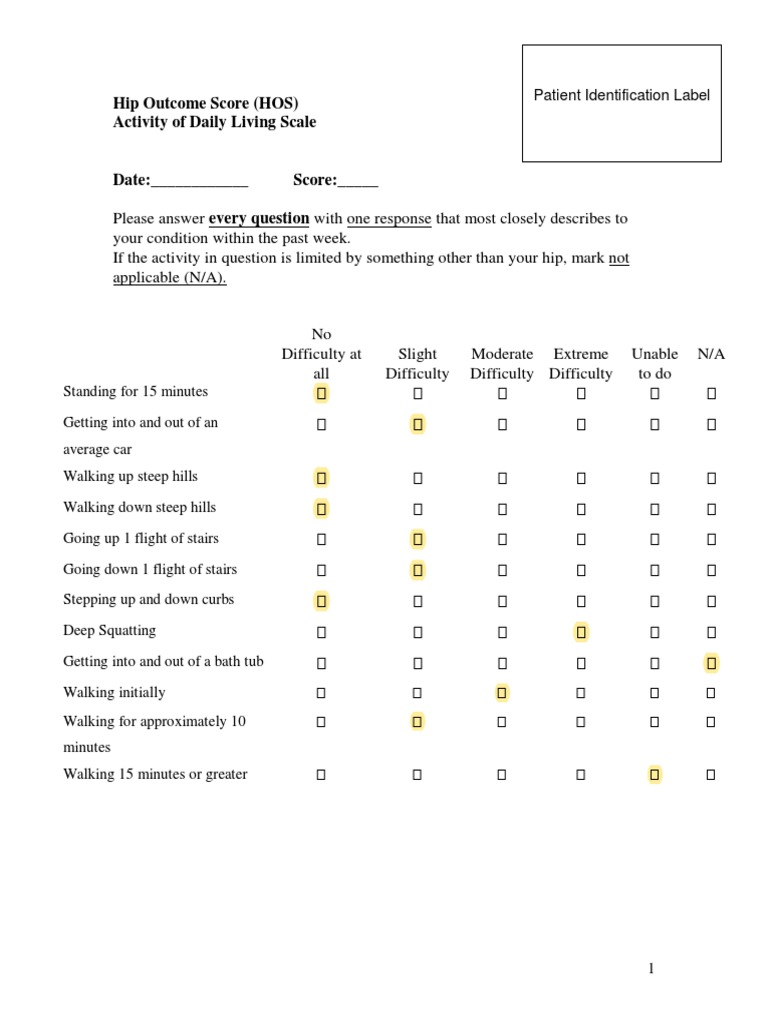 Hip Outcome Score (HOS) Activity of Daily Living Scale | PDF | Sports ...
