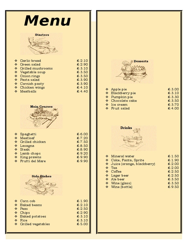 Menu in A Restaurant Ordering Food Role Play | PDF | Salad | Vegetables