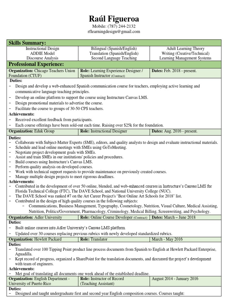Resume-Id Raul Figueroa 2018 | PDF | Instructional Design | Educational ...