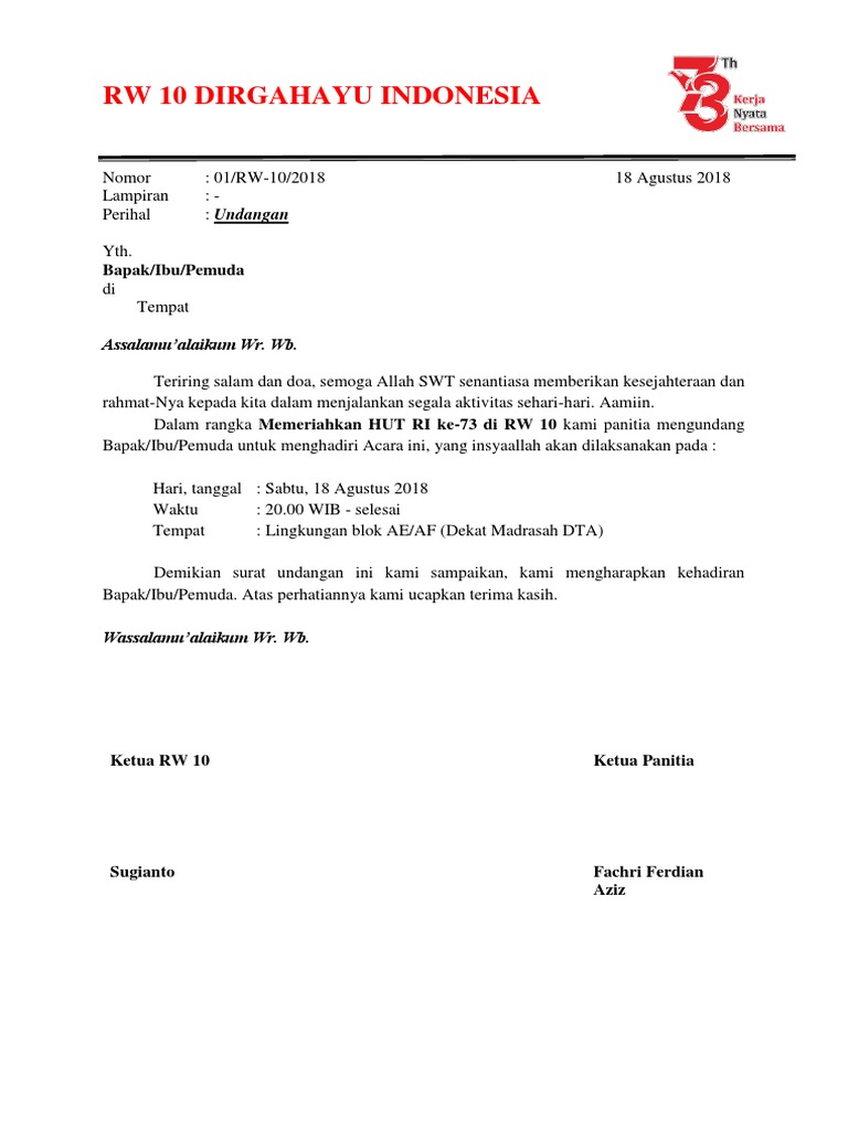 Undangan HUT RI ke-73 RW 10 | PDF