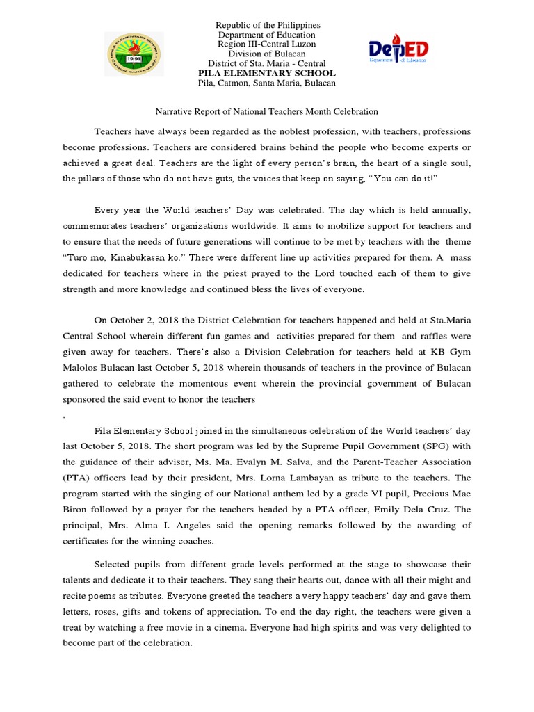 Noble Profession: A Narrative Report on Pila Elementary School's ...