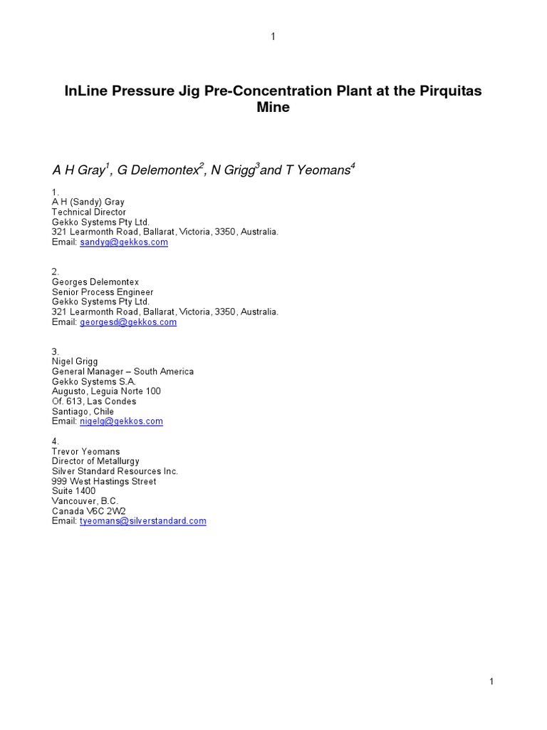 InLine Pressure Jig at Pirquitas Mine | PDF | Mill (Grinding) | Silver