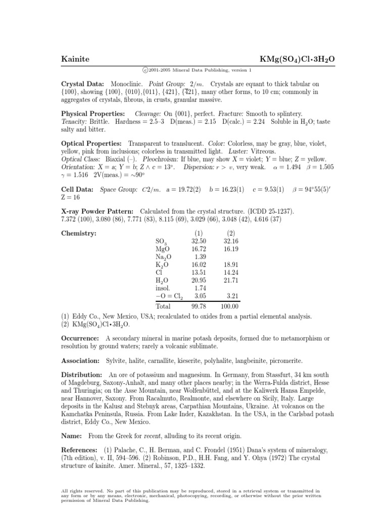 Kainite KMG (So) CL 3H O: Crystal Data | Download Free PDF | Mineralogy ...