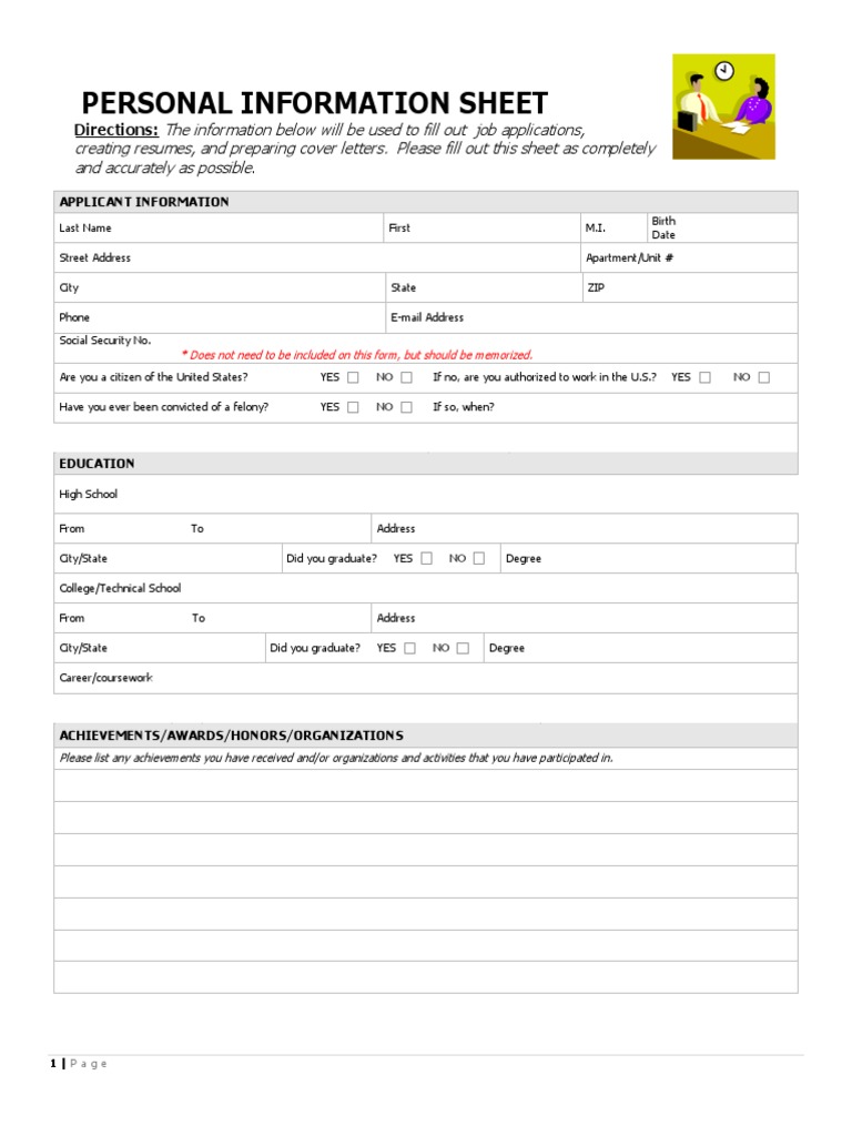 Personal Information Sheet Template | PDF | Employment | Business