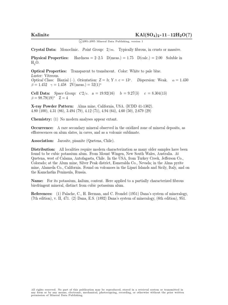 Kalinite Kal (So) 11 12H O (?) : Crystal Data: Physical Properties | PDF