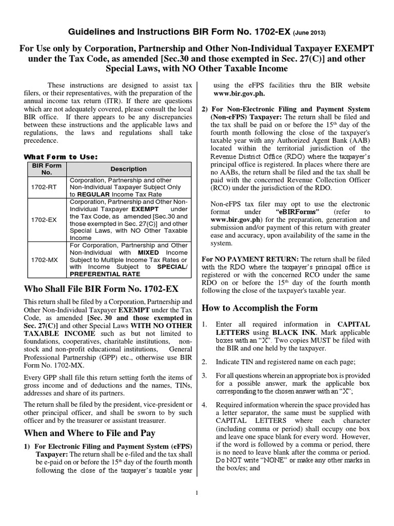 BIR Form 1702-EX Filing Guidelines | PDF | Tax Deduction | Withholding Tax