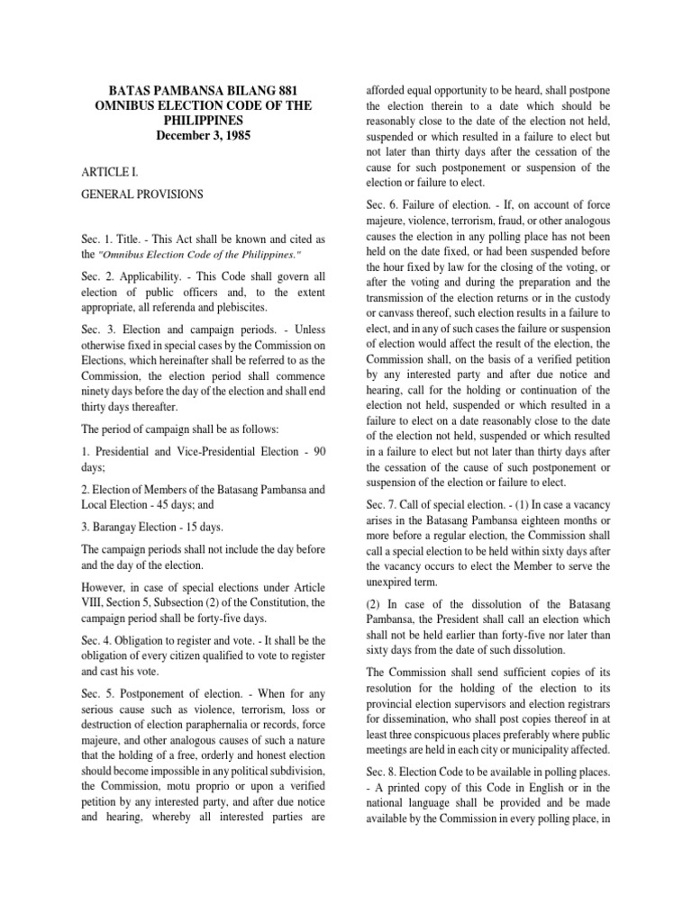 Omnibus Election Code | President Elect Of The United States | Elections