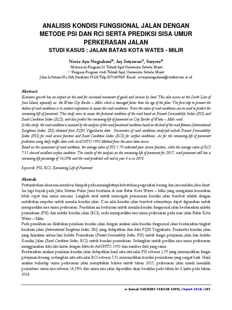 Analisis Kondisi Fungsional Jalan Dengan Metode Psi Dan Rci Serta ...