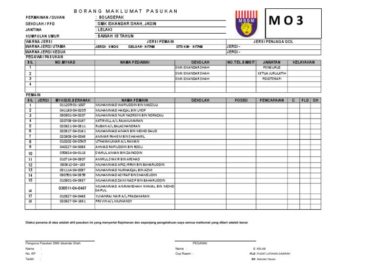 Borang m03 Bolasepah BWH 18 THN MSSN 2018 | PDF