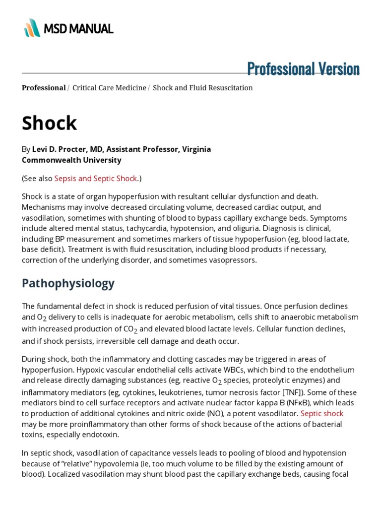Shock - Critical Care Medicine - MSD Manual Professional Edition | Shock (Circulatory) | Heart