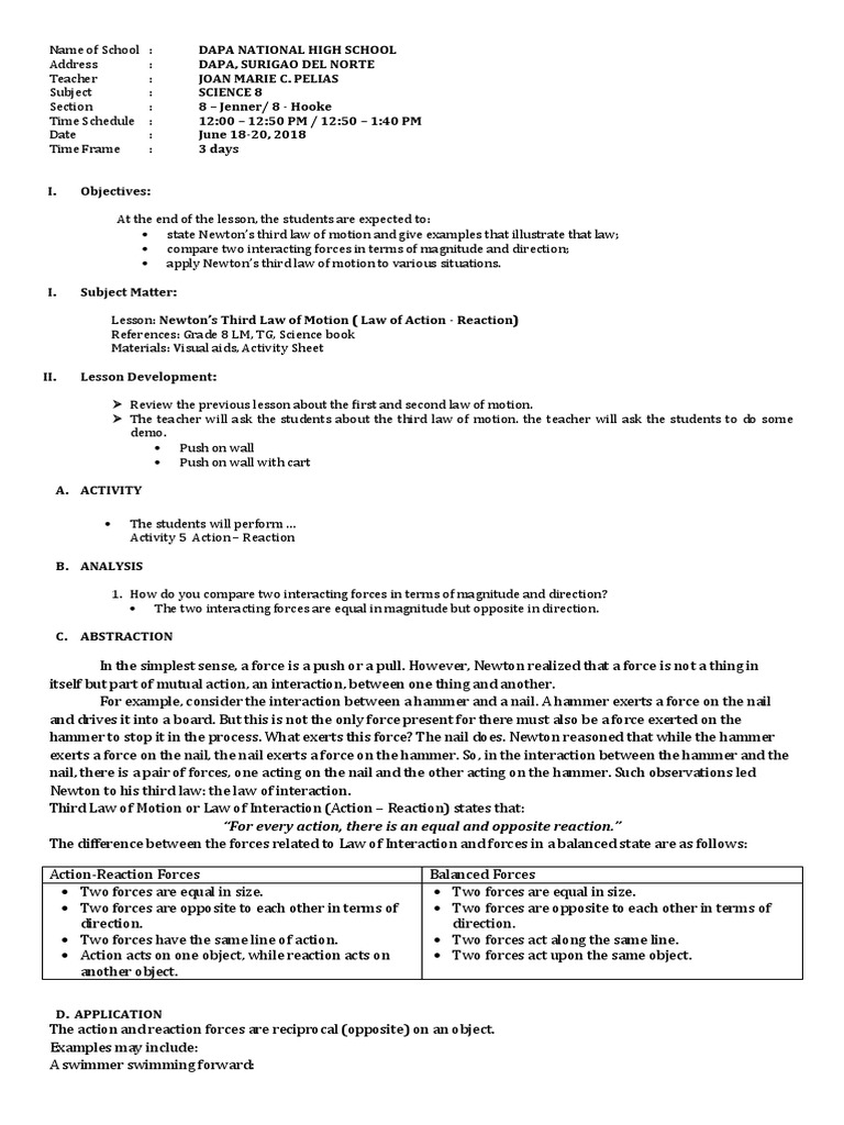 Newton's Third Law: Science 8 Lesson | PDF | Newton's Laws Of Motion ...