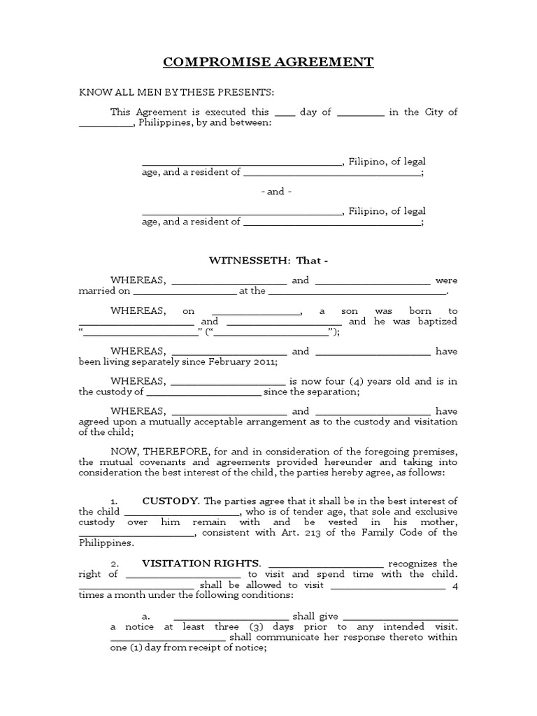 Sample Compromise Agreement | PDF | Child Custody | Contact (Law) Sample Compromise Agreement | PDF | Child Custody | Contact (Law)