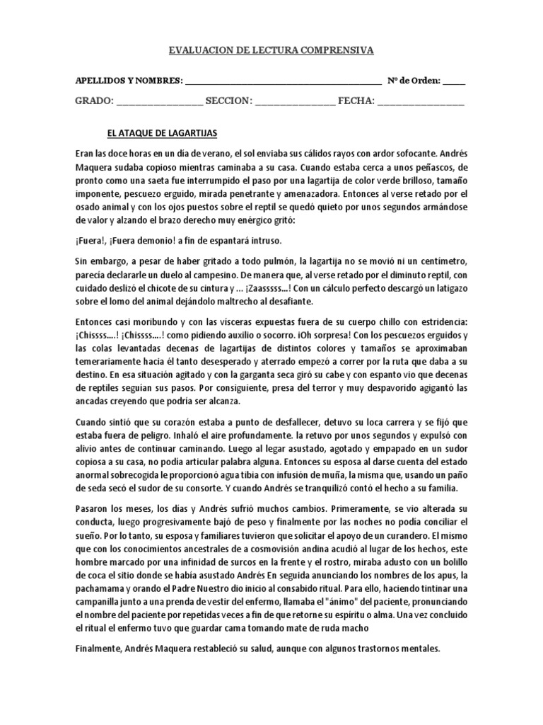Evaluacion de Lectura Comprensiva | PDF