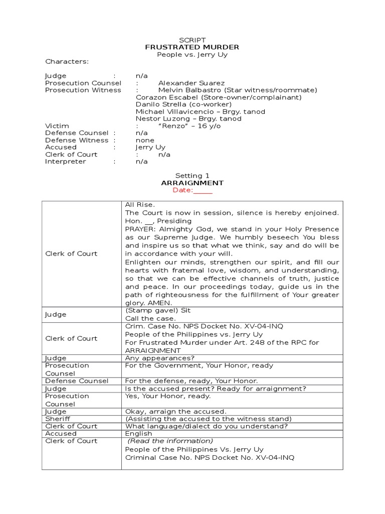 Mock Trial Script: Frustrated Murder Case | PDF | Affidavit | Plea
