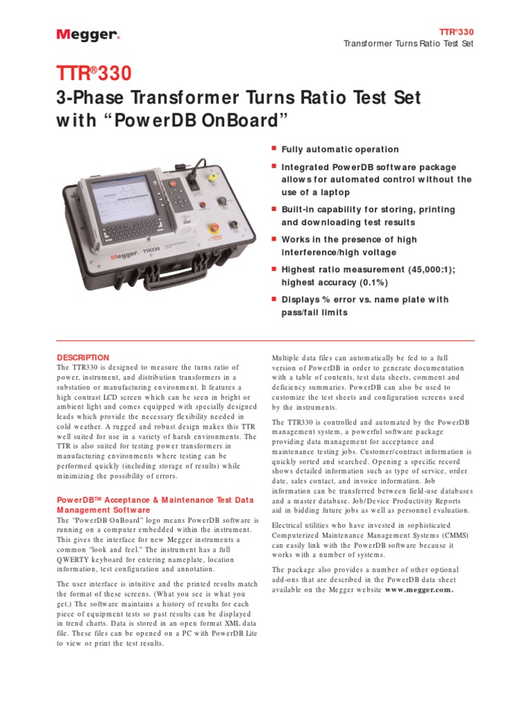 Megger TTR 330 Turns Ratio Tester | PDF | Transformer | Alternating Current