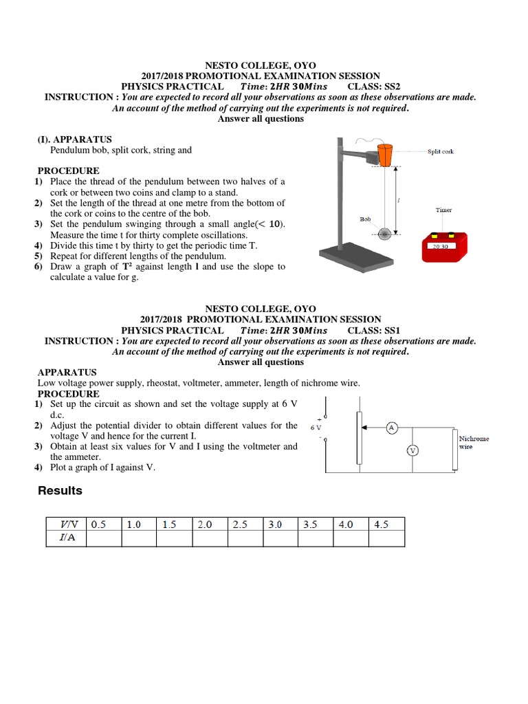 Nesto College Physics Practical Exam Guide | PDF | Pendulum | Voltage