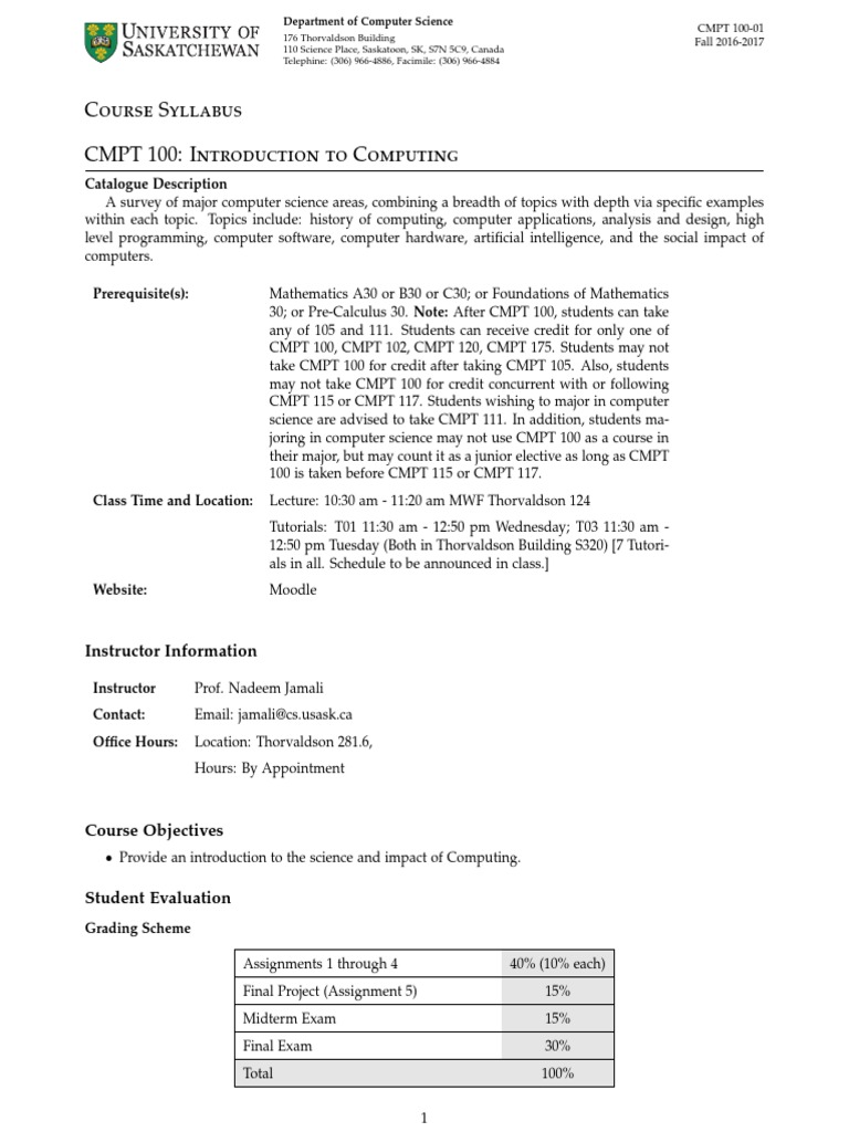 Course Syllabus CMPT 100: Introduction To Computing: Catalogue Description | PDF | Academic ...