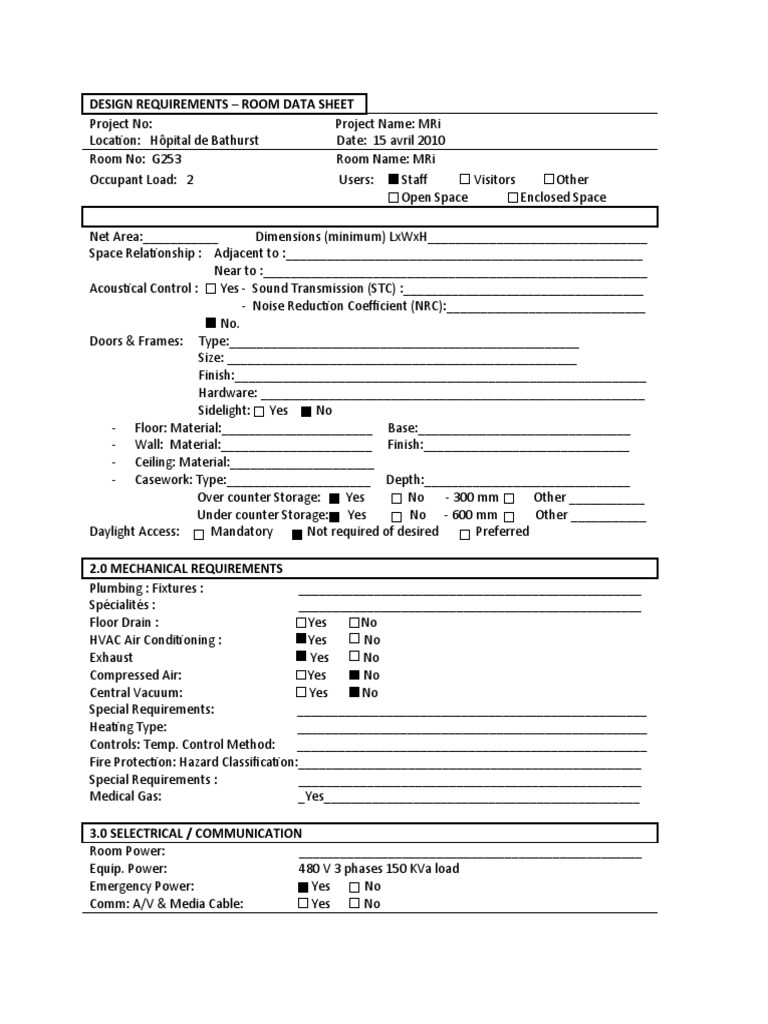 Room Data Sheet Pour La MRi | PDF | Hvac | Manufactured Goods