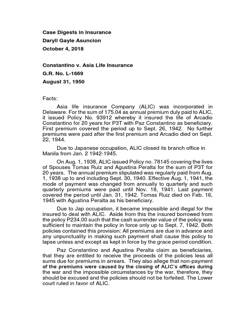 Case Digests in Insurance Daryll Gayle Asuncion October 4, 2018 | PDF ...