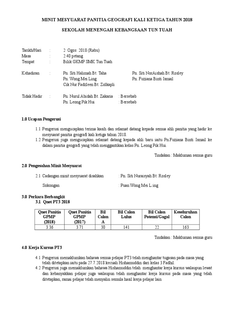 Minit Mesyuarat Panitia Geografi Kali Ketiga Tahun 2018 | PDF