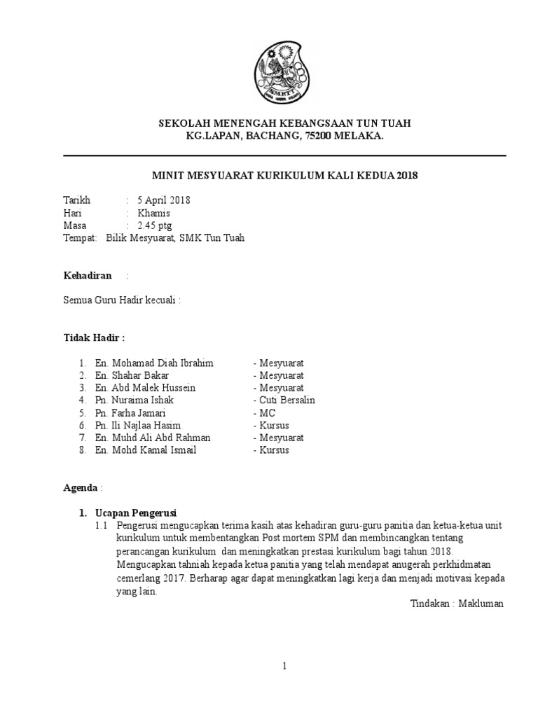 Minit Mesyuarat Kuri Kali Ke 2 2018 | PDF