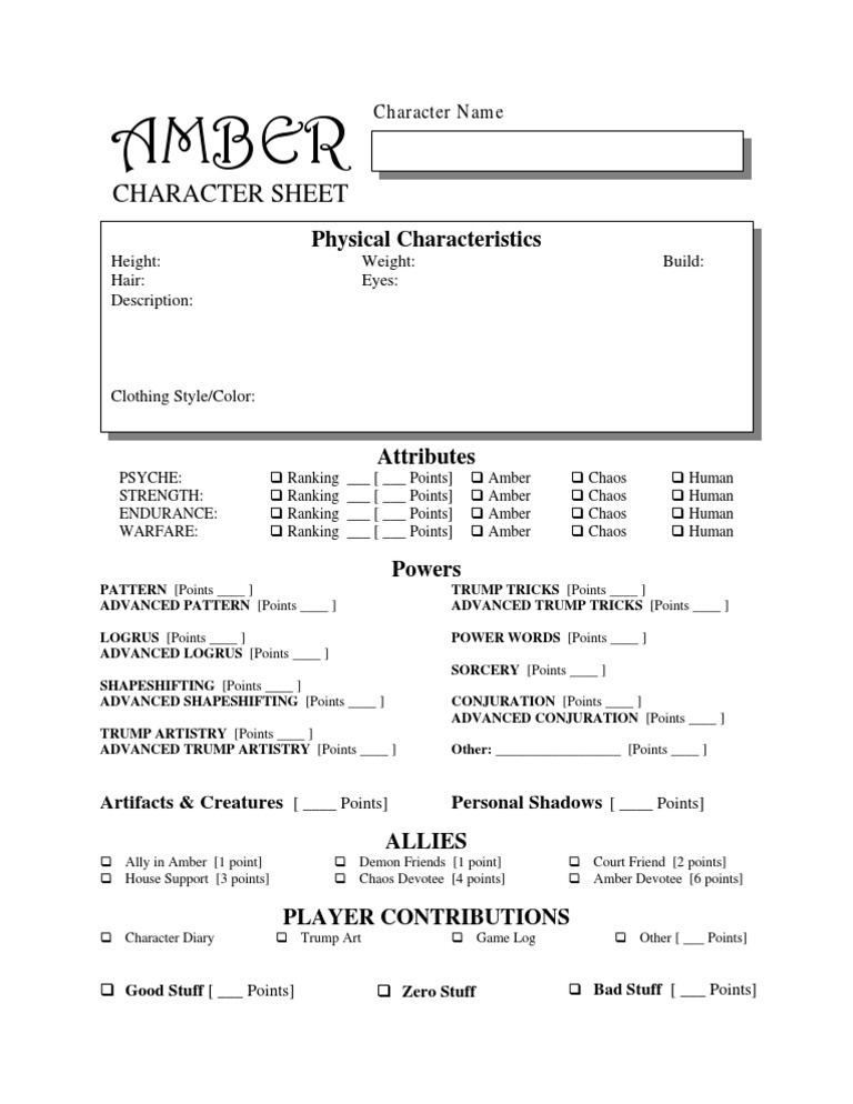 Amber RPG Character Sheet Template | PDF