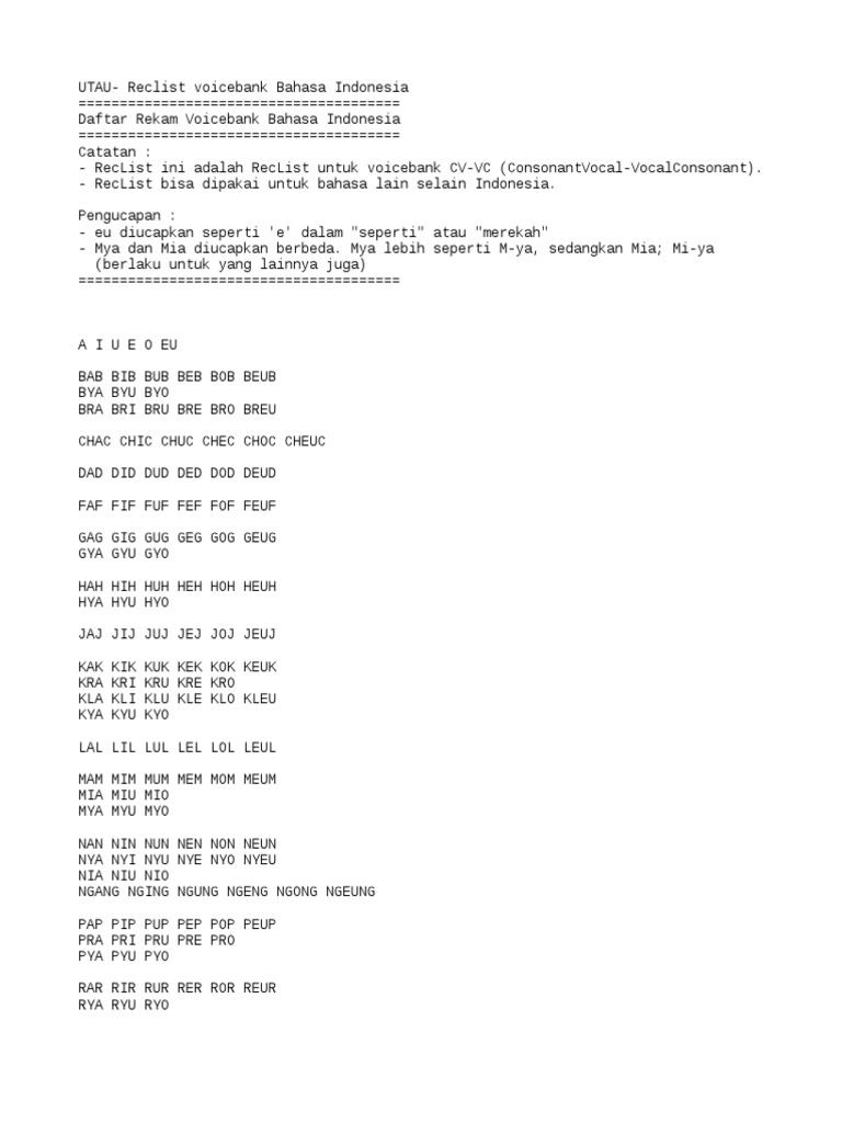 UTAU-Reclist-Voicebank-Bahasa-Indonesia | PDF