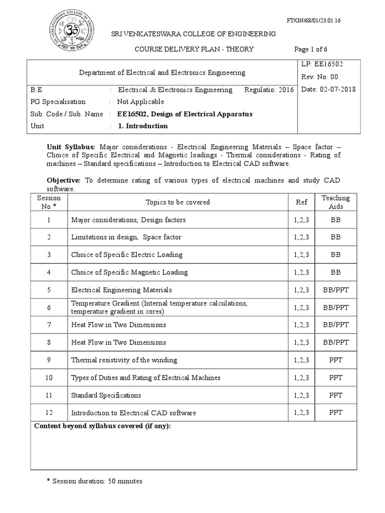 Sri Venkateswara College of Engineering Course Delivery Plan - Theory ...