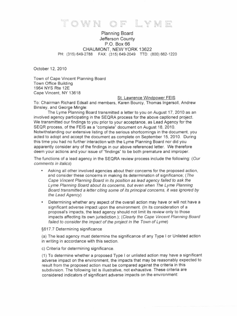 Lyme Planning Board Letter To Cape Vincent Planning Board RE: FEIS ...