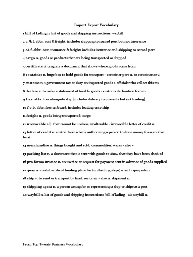 Import Export Vocabulary Unit 2 | PDF | Bill Of Lading | Cargo