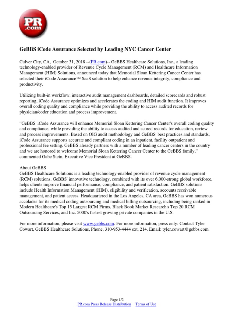 GeBBS Icode Assurance Selected by Leading NYC Cancer Center | PDF | Health Care | Health Economics