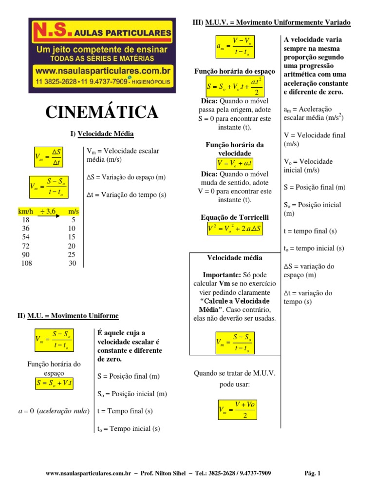 Cinemática Resumo 2016 PDF | PDF | Velocidade | Cinemática