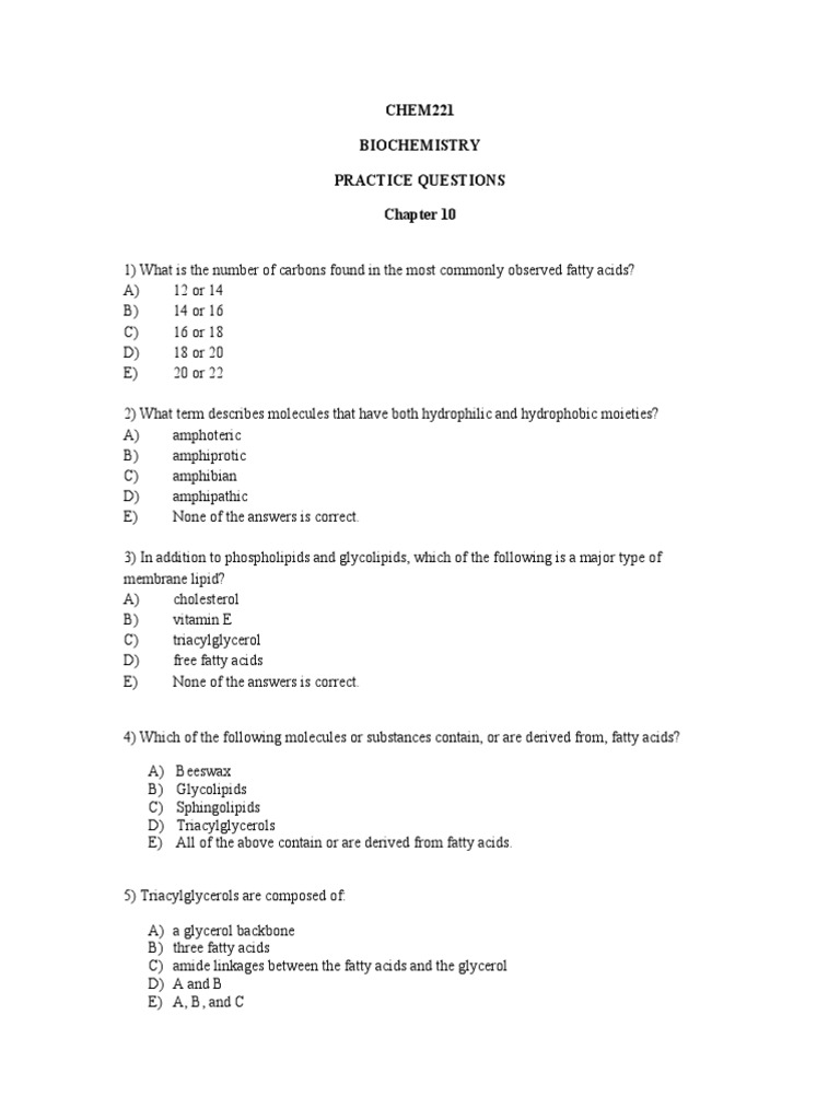 Chapter 10 PRACTICE QUESTIONS WITH ANSWERS PDF | PDF | Lipid | Biomolecules