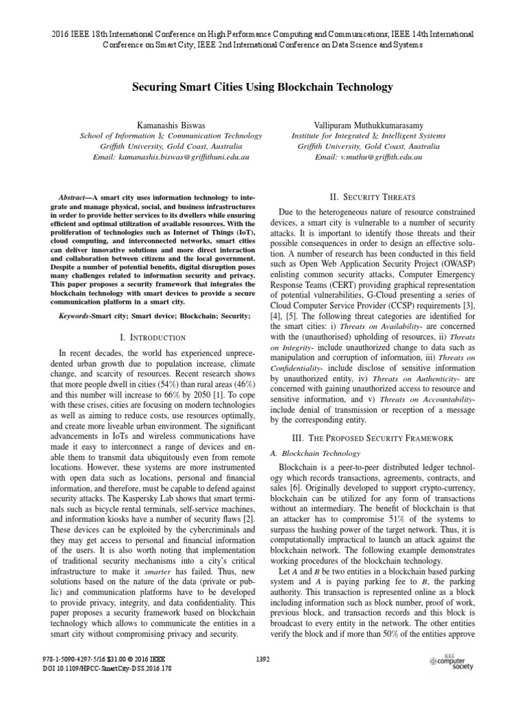 Securing Smart Cities Using Blockchain Technology | PDF | Computer Security | Security