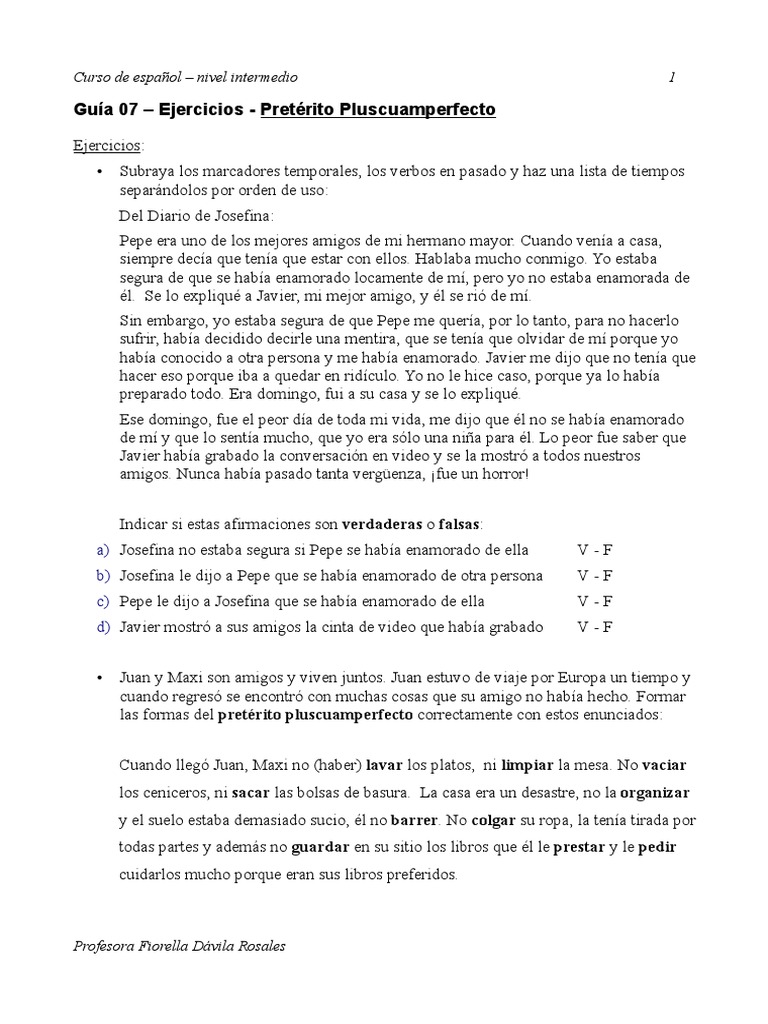 Ejercicios de Pretérito Pluscuamperfecto | PDF | Ocio