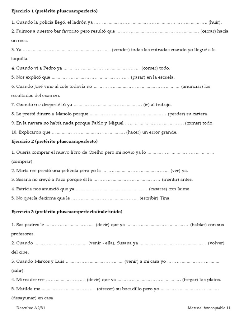 Ejercicios Pretérito Pluscuamperfecto | PDF