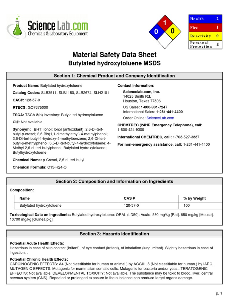 Msds BHT PDF | PDF | Toxicity | Personal Protective Equipment