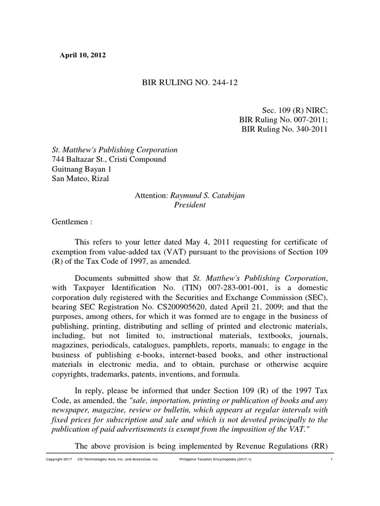 BIR Ruling 244-12 PDF | PDF | Value Added Tax | Publishing