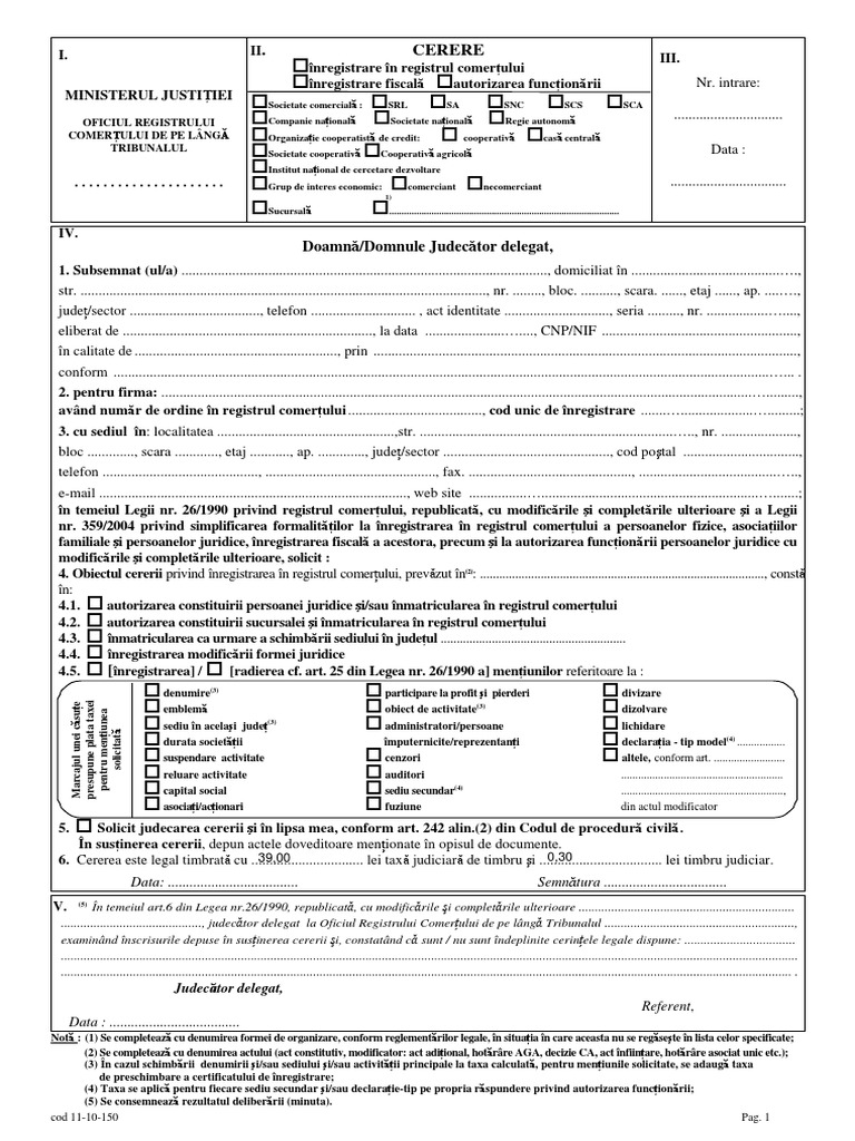Cerere Inregistrare ONRC PDF | PDF