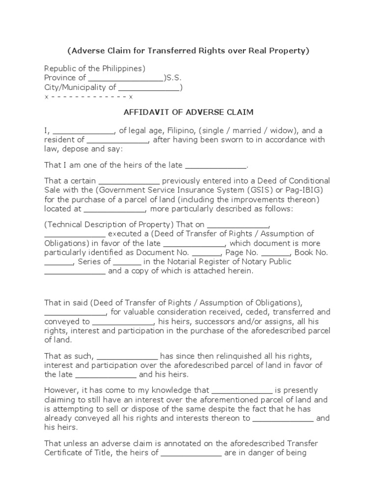 Adverse Claim For Transferred Rights Over Real Property | PDF ...