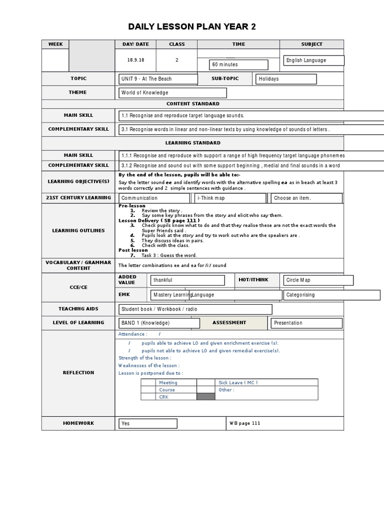 Daily Lesson Plan Year 2 | PDF | Lesson Plan | English Language