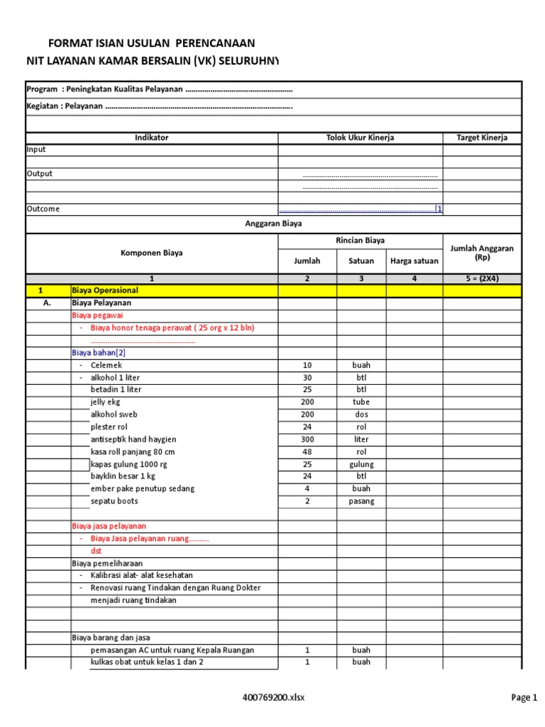 Format Isian Usulan Perencanaan Unit Layanan Kamar Bersalin (VK ...