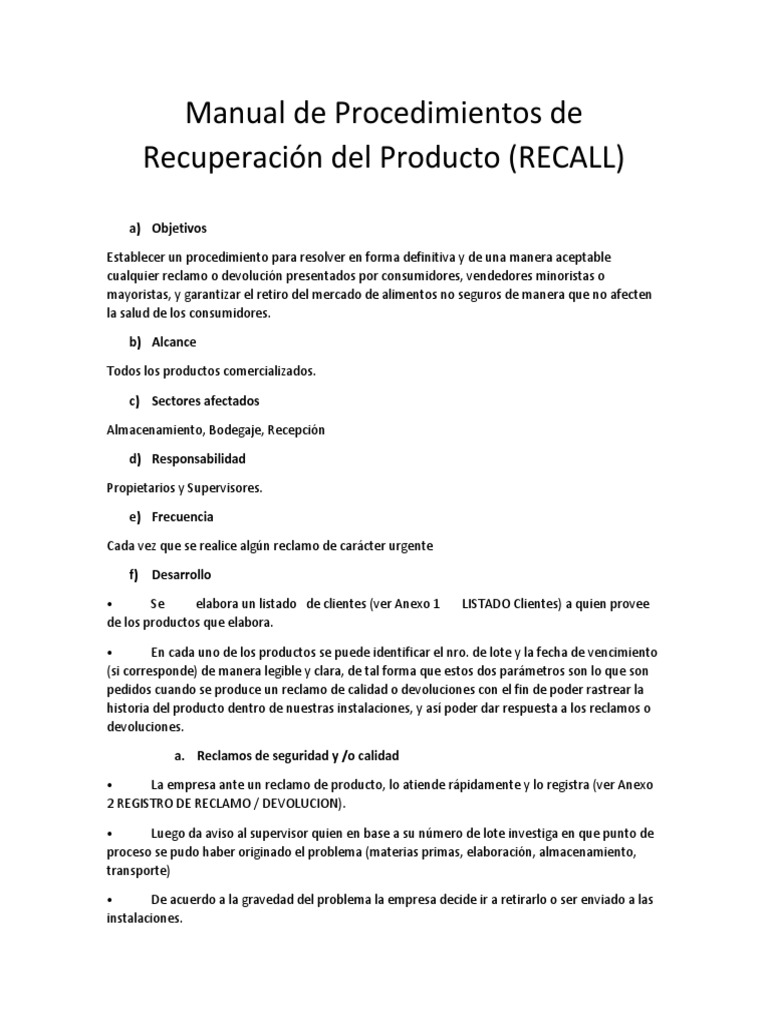 Procedimiento de Recall de Productos | PDF | Los consumidores | Business