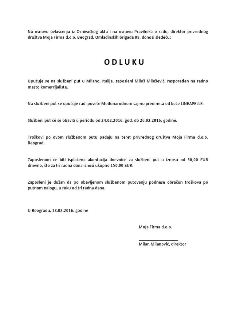 DOKUMENTI Odluka o Sluzbenom Putu | PDF