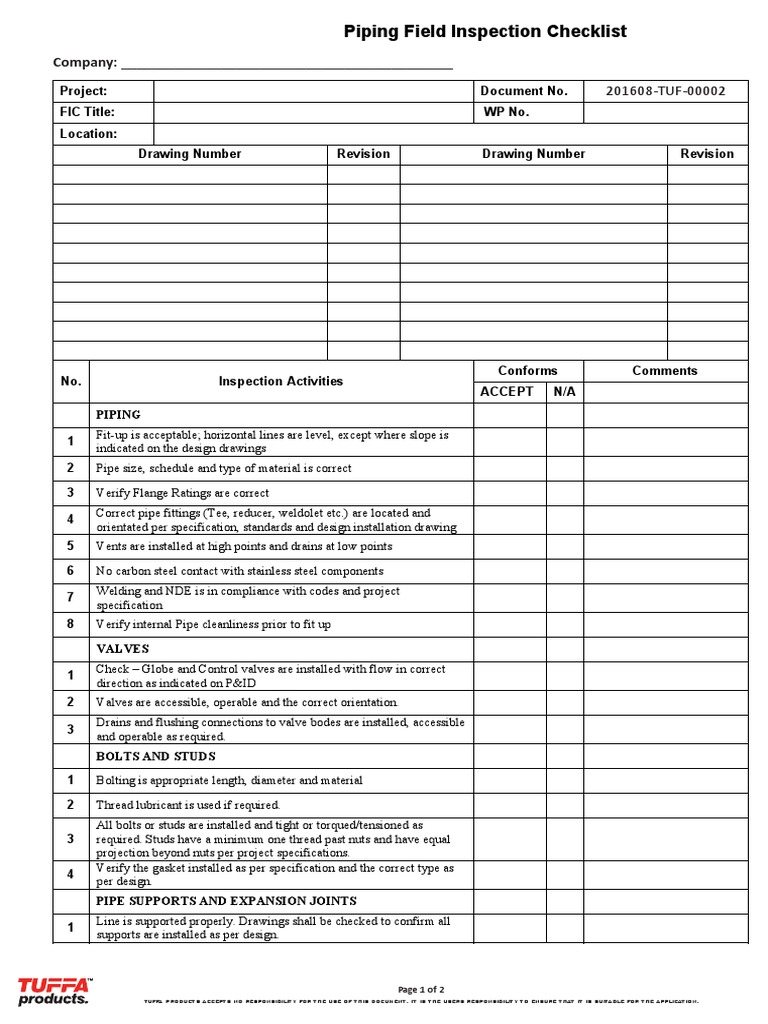 Piping Field Inspection Checklist | PDF | Pipe (Fluid Conveyance ...