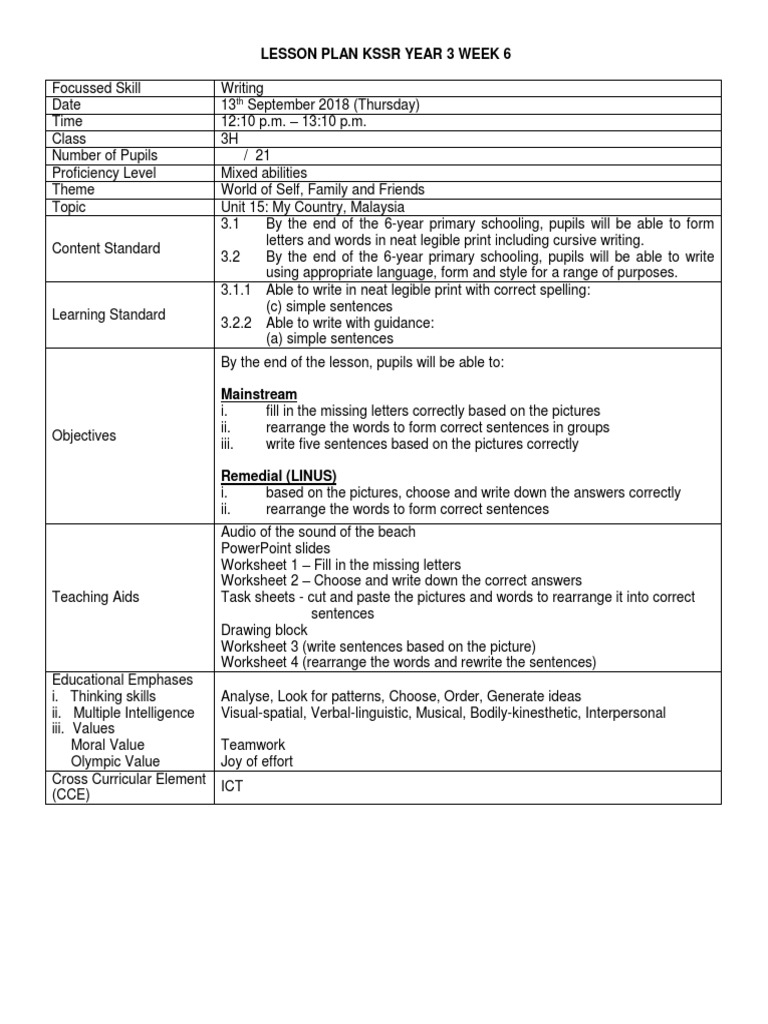 Lesson Plan KSSR Year 3 Week 6 | PDF | Lesson Plan | Psychology
