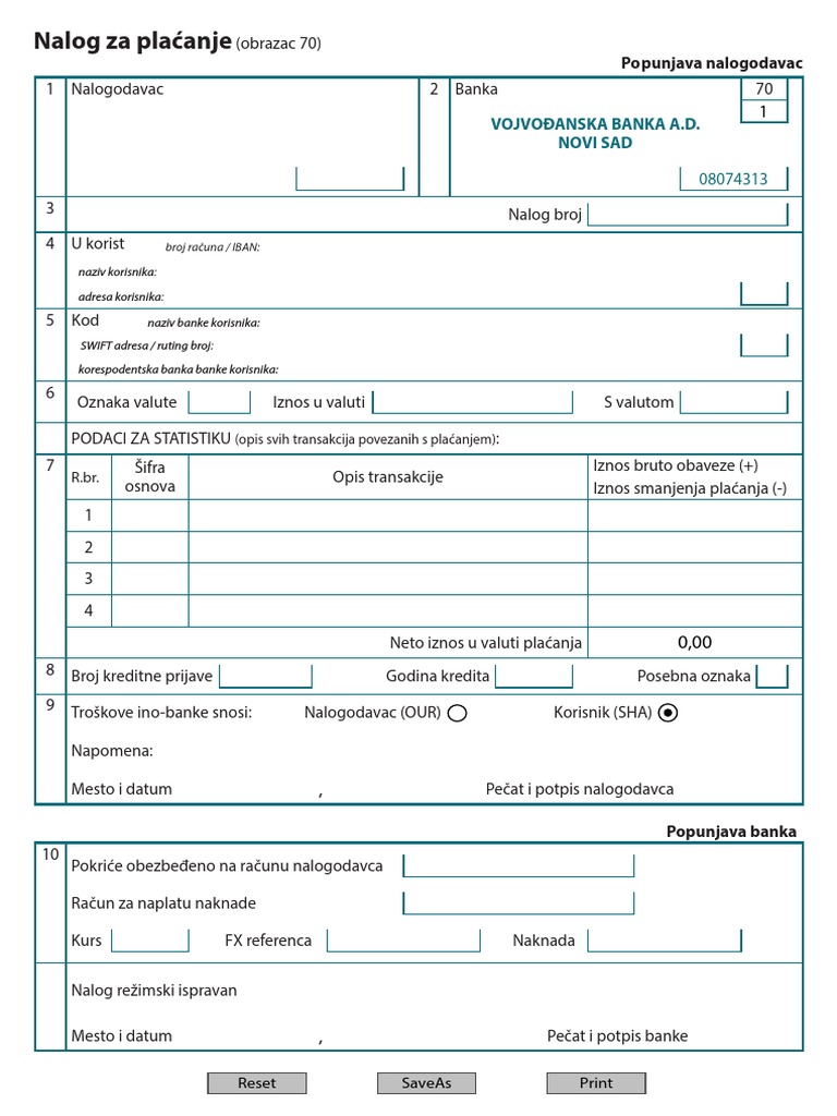 Nalog Za Plaćanje (Obrazac 70) | PDF