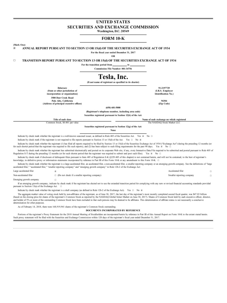 Tesla Anual Report | PDF | Tesla Model S | Form 10 K