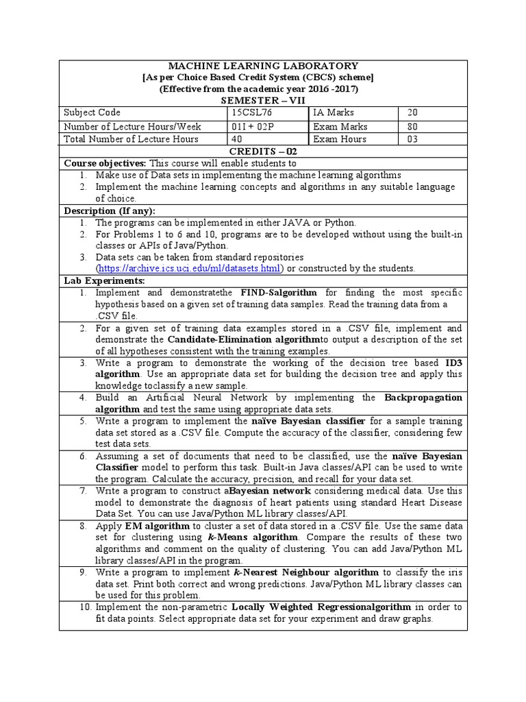 15CSL76 | PDF | Machine Learning | Algorithms